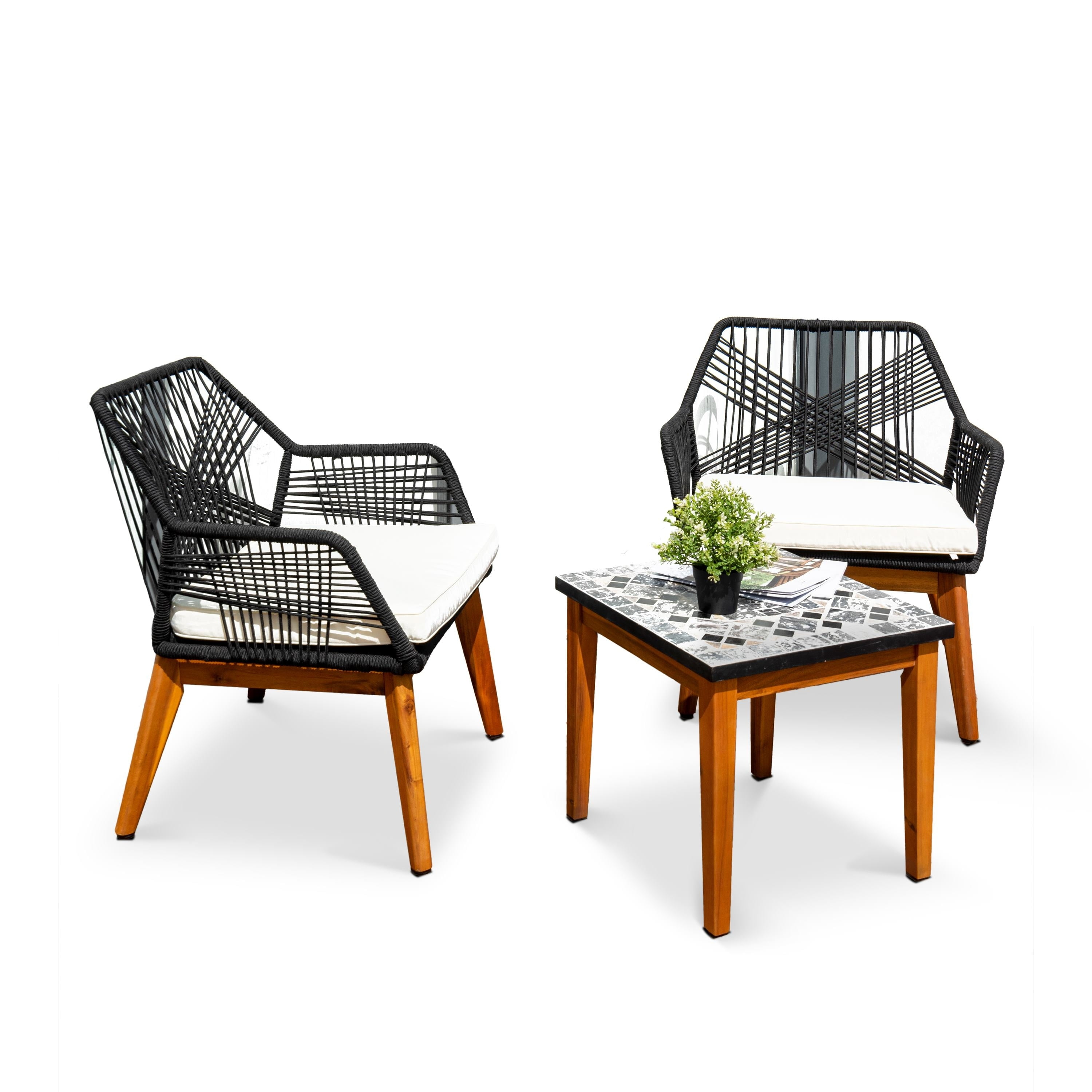 M4H Lucena Solid Wood Outdoor Rope Chair Set with Ceramics Table ...