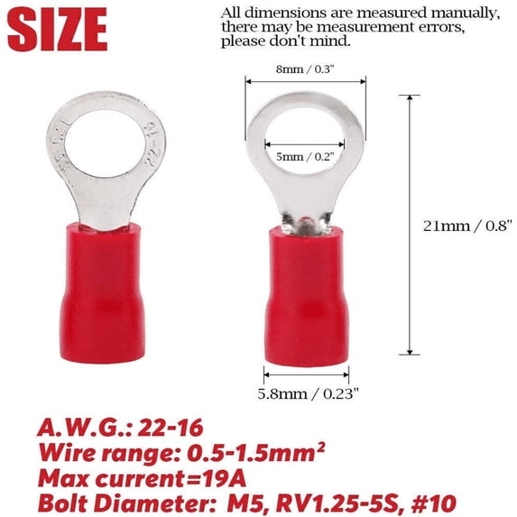 M5 22-18AWG 200pcs Vinyl Spade Ring Wire Crimp Connectors Teminals ...