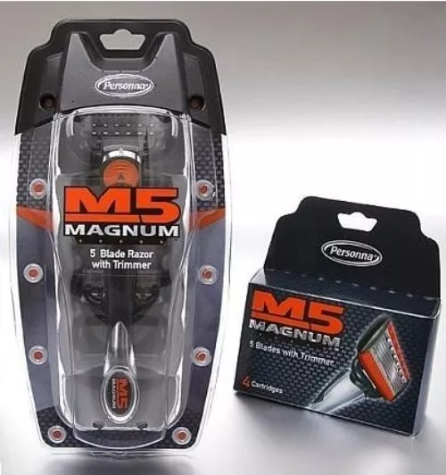 M5 Magnum 5 razor Blades with Trimmer, 4 Cartridges + Razor + Travel ...