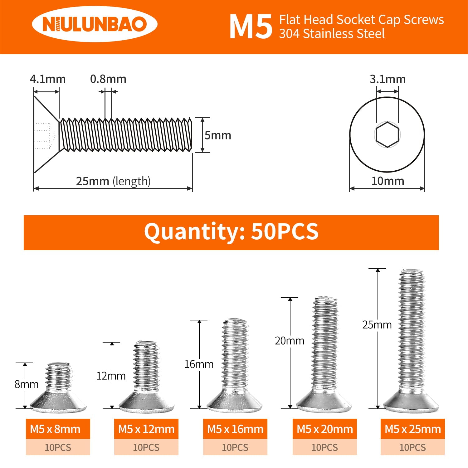M5 x 8mm 12mm 16mm 20mm 25mm Flat Head Socket Cap Screws Countersunk Bolts, 304 Stainless Steel ...