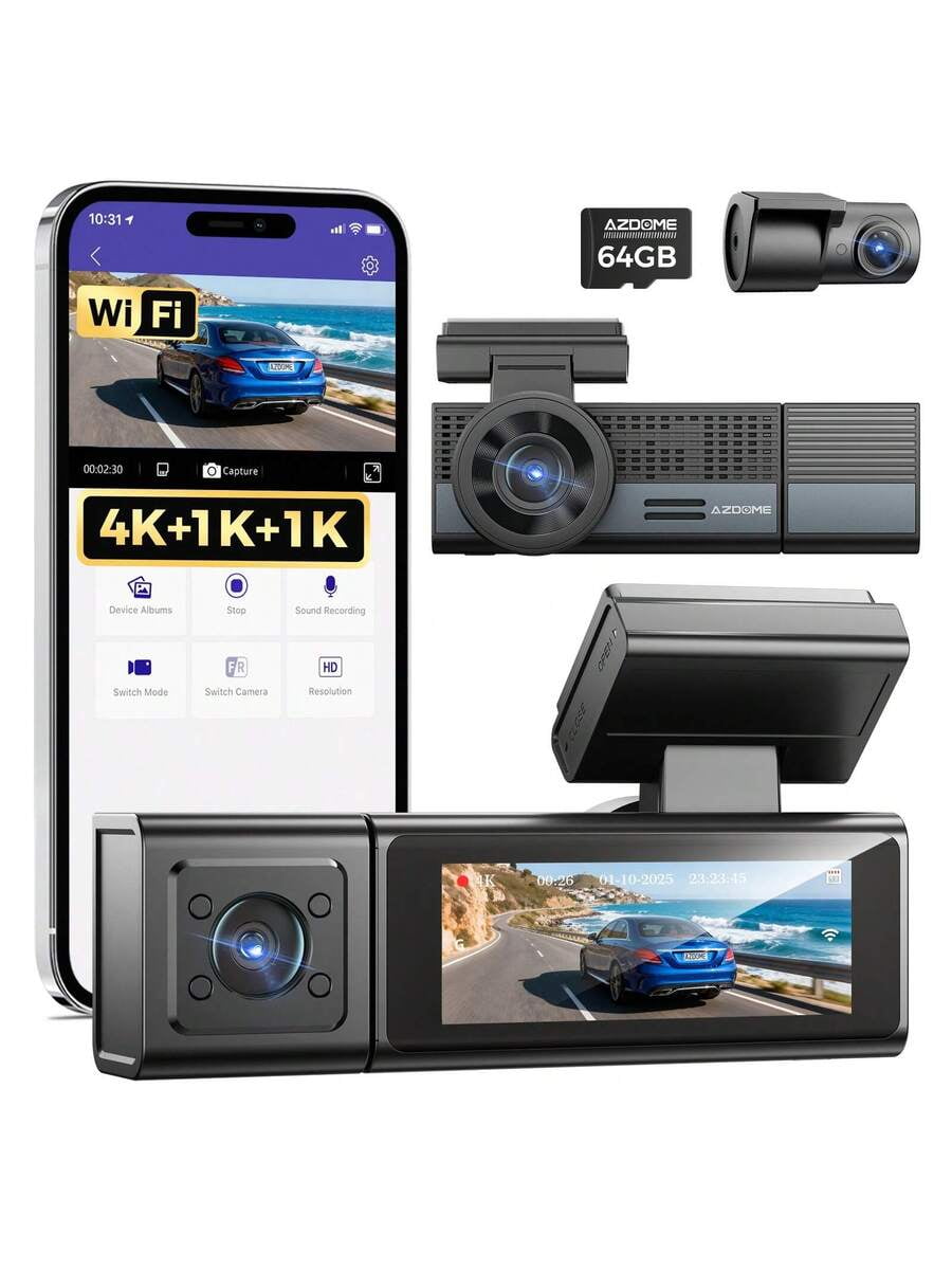 M500 3 Channel Dash Cam Front Rear And Inside, 4K+1080P+1080P Three Way ...