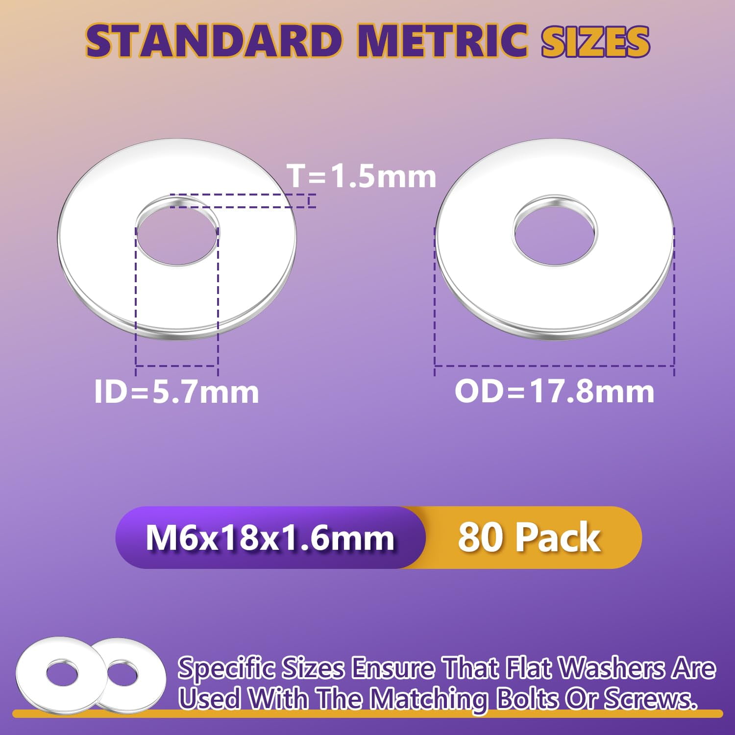 M6 Stainless Flat Washers, 80Pcs Metric Metal Fender Washers for Screws Bolts, 18-8 (304 ...