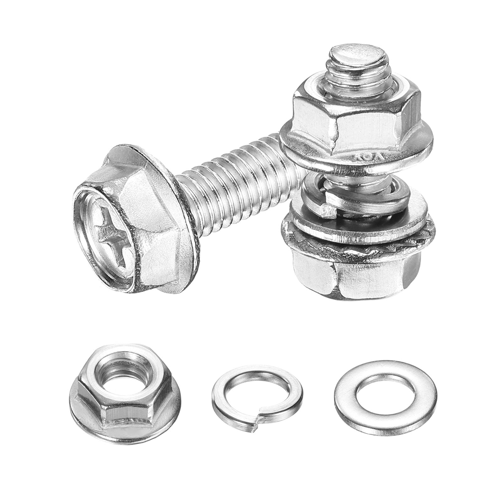 M6 x 16mm 20Pcs Flanged Hex Head Bolts with Nuts, Flat & Lock Washers ...