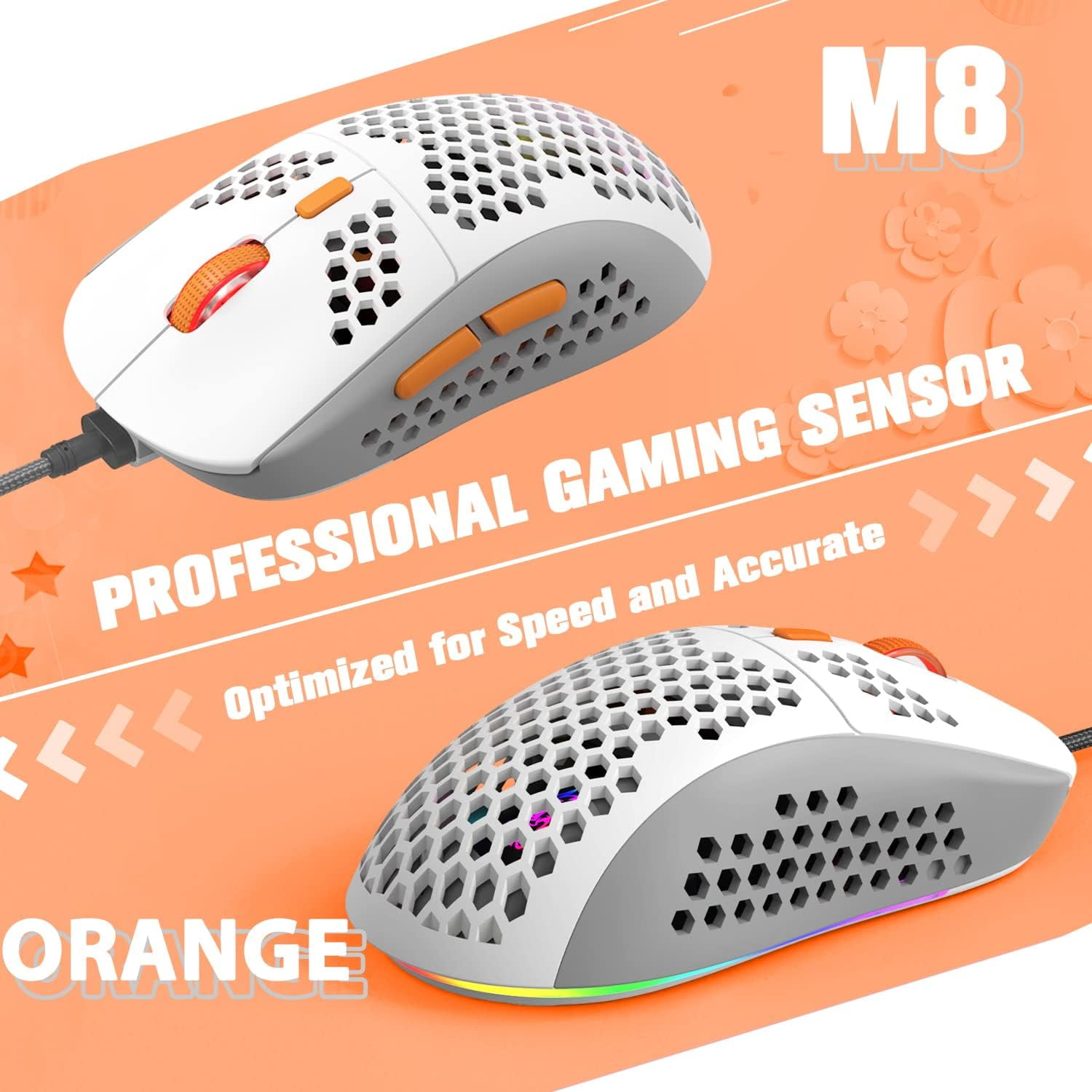 M8 Ultralight Wired Gaming Mouse, Lightweight Honeycomb Shell, 6 RGB Breathing Backlit Mice, 6 ...