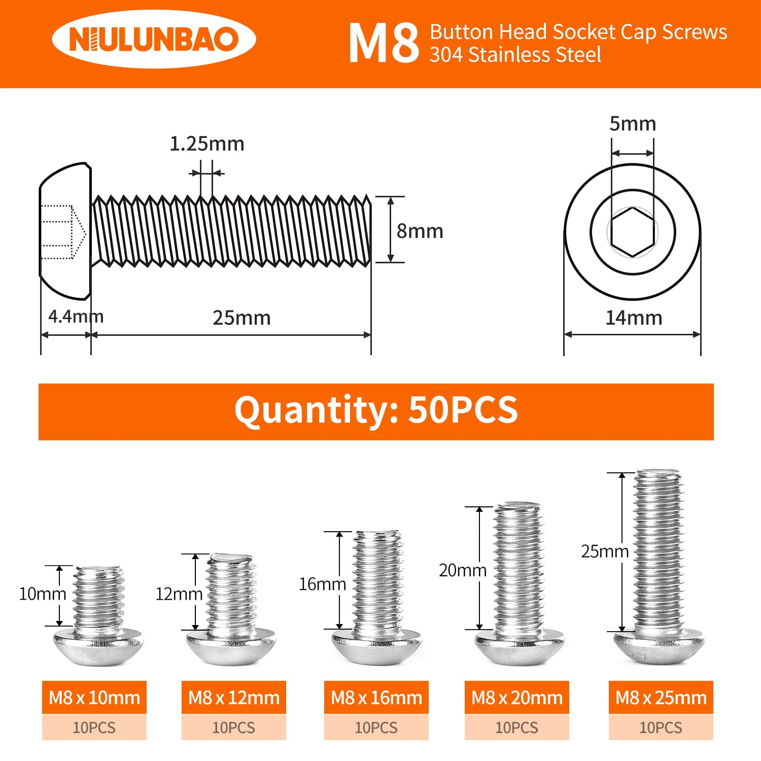 M8 x 10mm 12mm 16mm 20mm 25mm Button Head Socket Cap Screws Bolts, 304 Stainless Steel, Metric ...