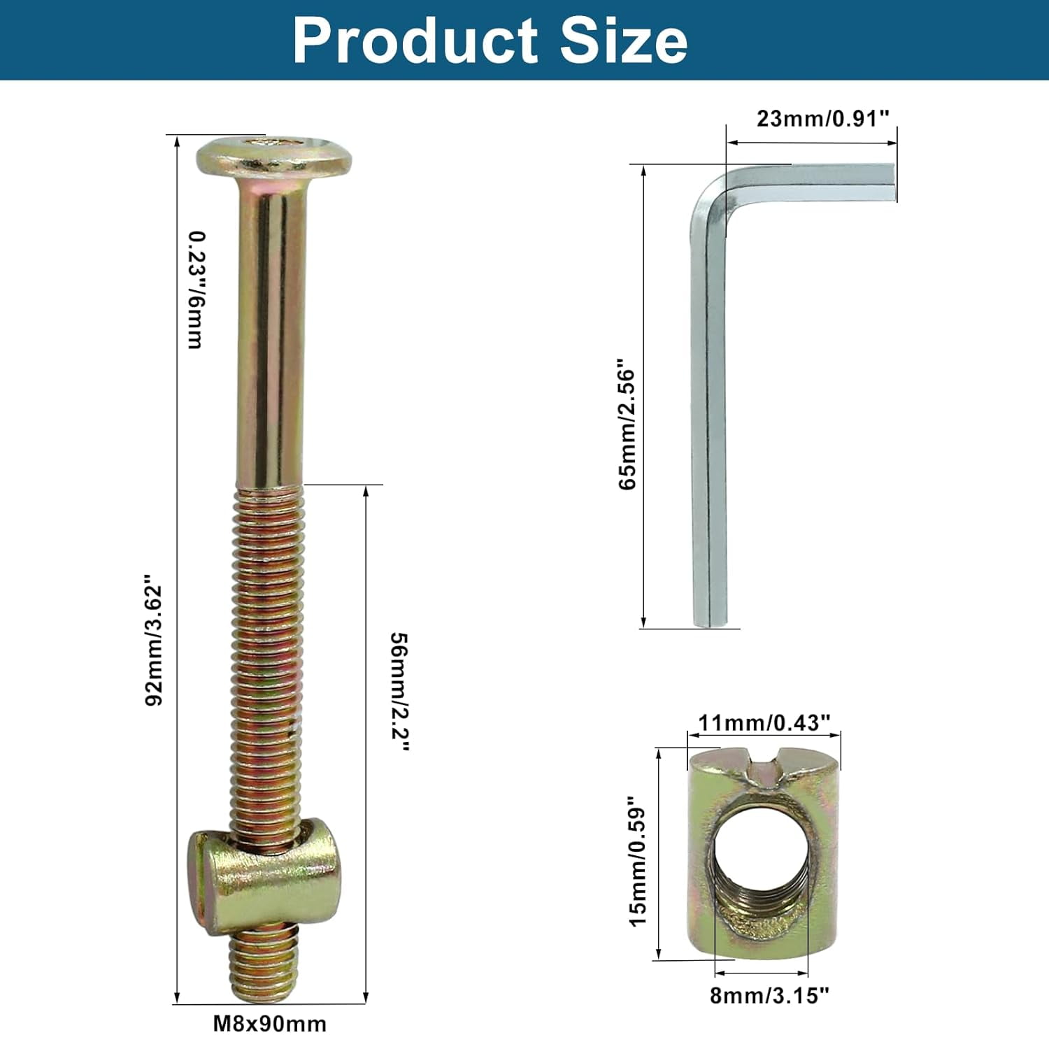 M8 x 90mm Bunk Bed Bolts, Hex Drive Socket Furniture Barrel Screws Bolt ...