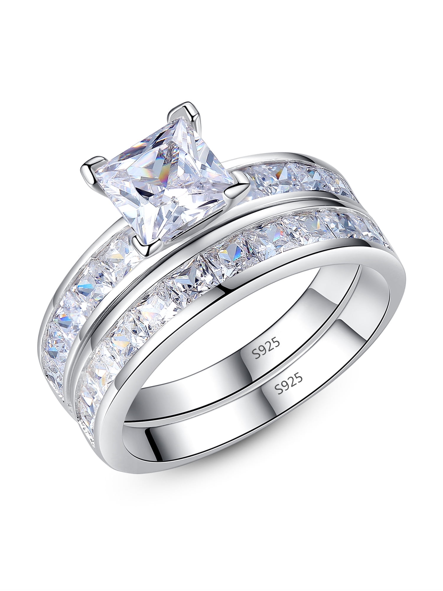 MABELLA 3.44 Carat TCW CZ Cubic Zirconia Princess Cut 925 Sterling Silver Wedding Rings Bridal ...