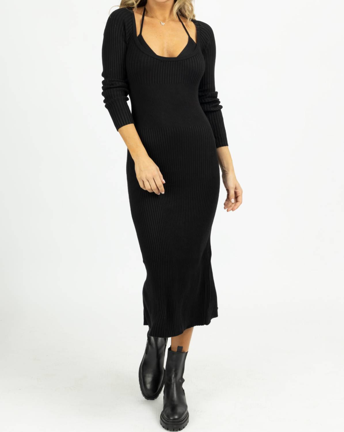 Mable Knit Layered Bra Midi Dress Set - Walmart.com