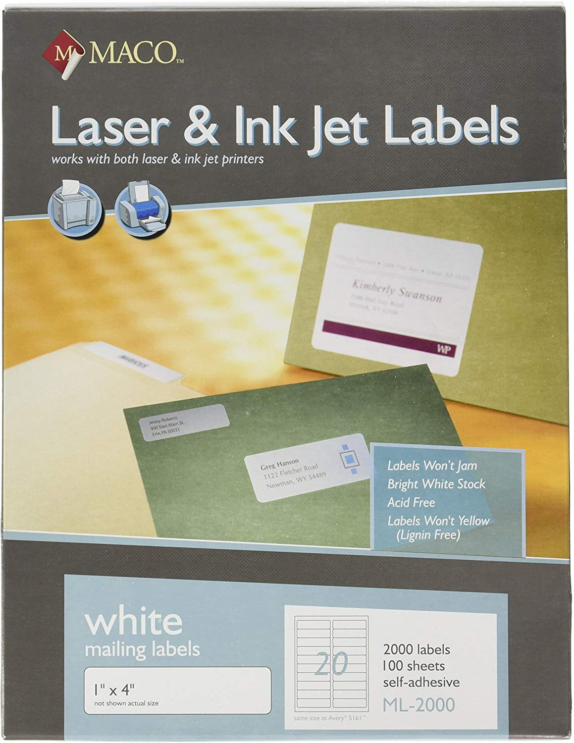 MACO Laser/Ink Jet Printer White Address Labels, 1x4 Inches, 20/Sheet ...