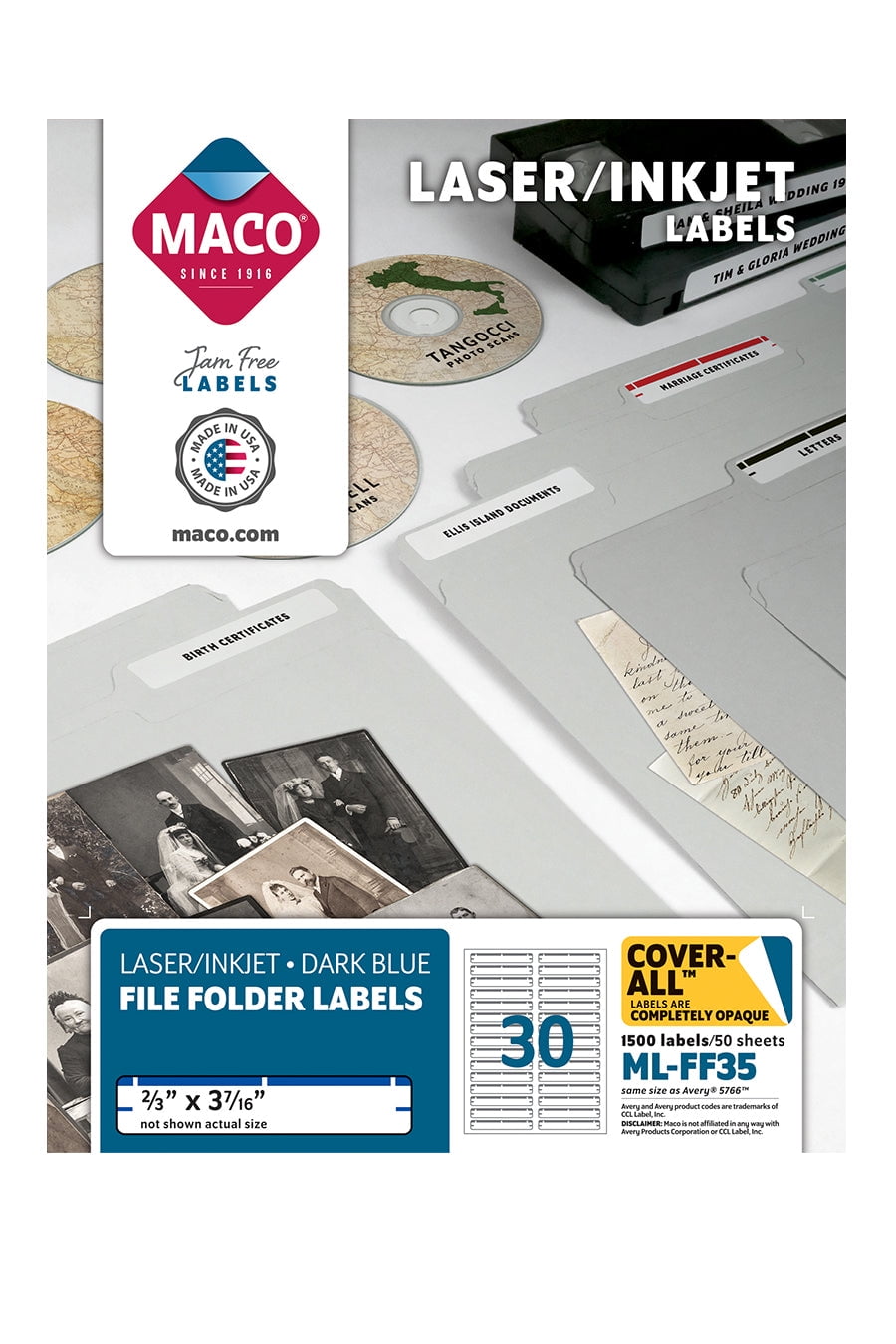 MACO Laser/Inkjet Dark Blue File Folder COVER-ALL Labels, 2/3 x 3-7/16 ...