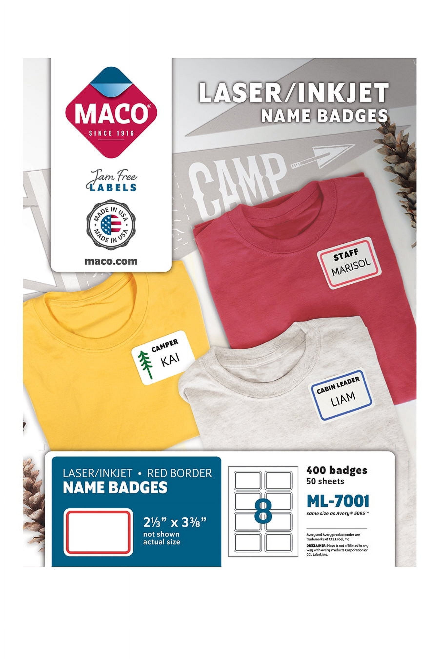 MACO Laser Inkjet Red Border Name Badge Labels 2 1 3 X 3 3 8 8 Per