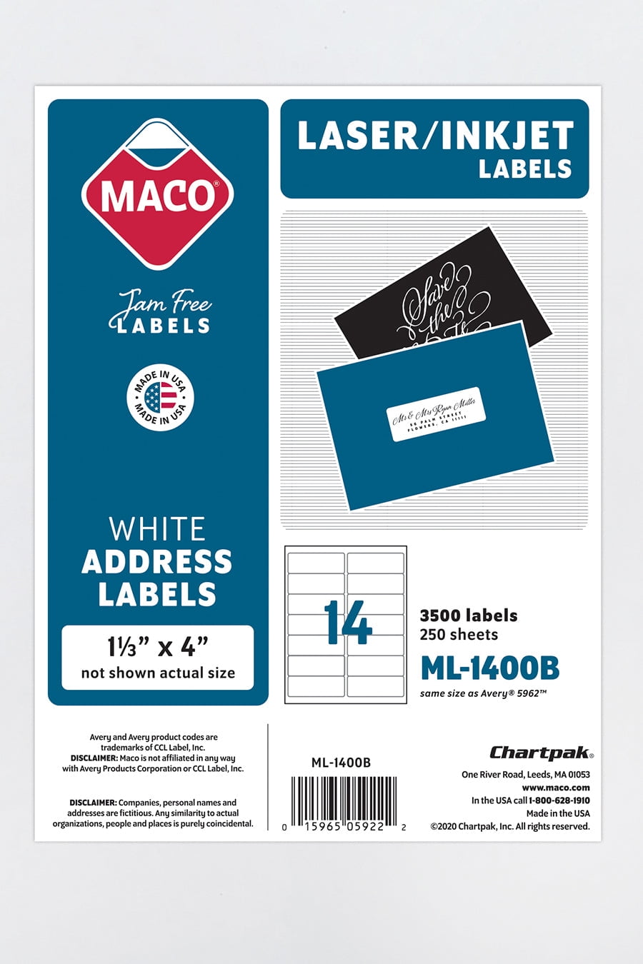 MACO Laser/Inkjet White Address Labels, 1-1/3" x 4", 14 per Sheet, 3500 ...
