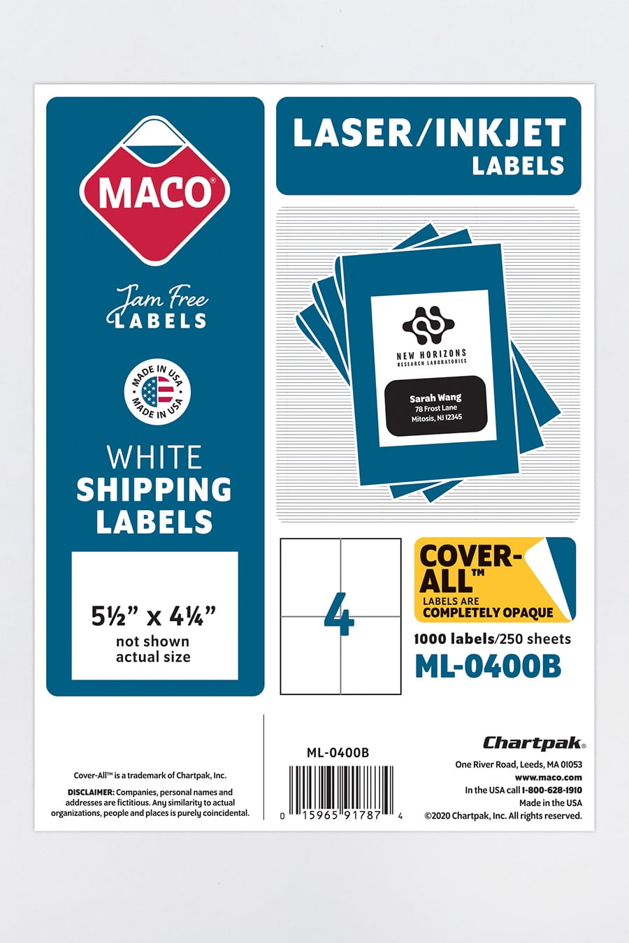 MACO Laser/Inkjet White Shipping COVER-ALL Labels, 5.5" x 4-1/4", 4 per ...