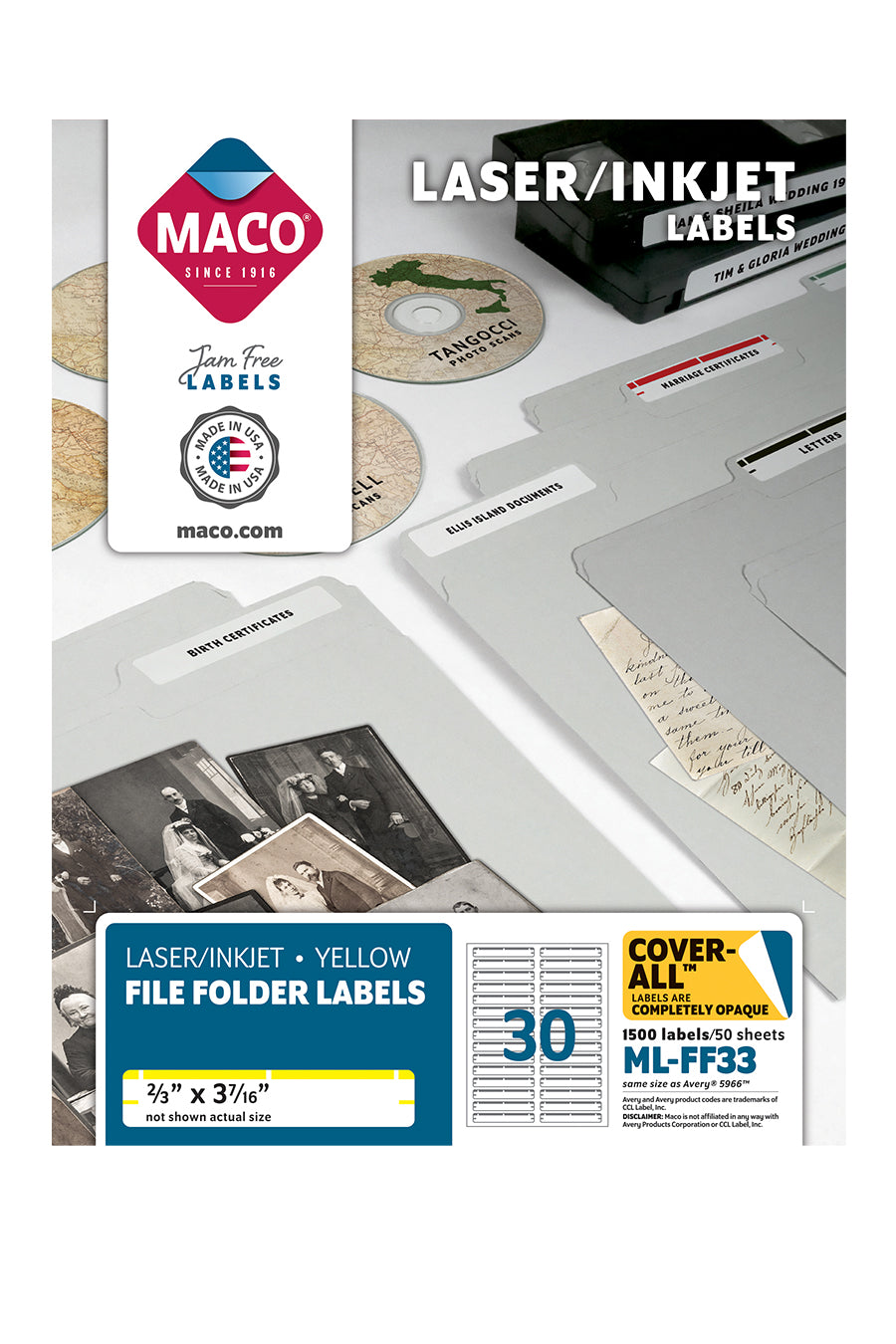 MACO Laser/Inkjet Yellow File Folder COVER-ALL Labels, 2/3 x 3-7/16 ...