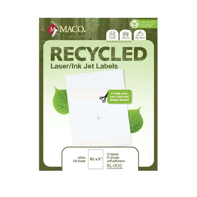 MACO Recycled Laser/Ink Jet White Full Sheet Labels, 8.5" x 11", 1 per ...