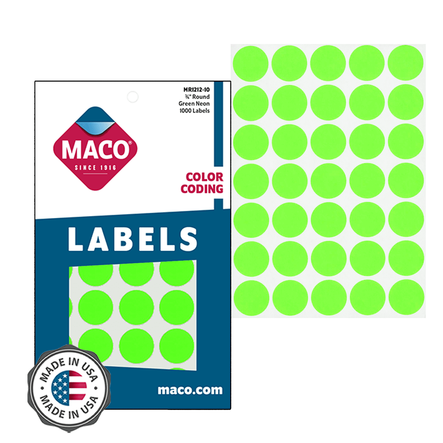 MACO Round GREEN GLOW Color-Coding Labels Dots 3/4” Dia. 1000 Labels ...