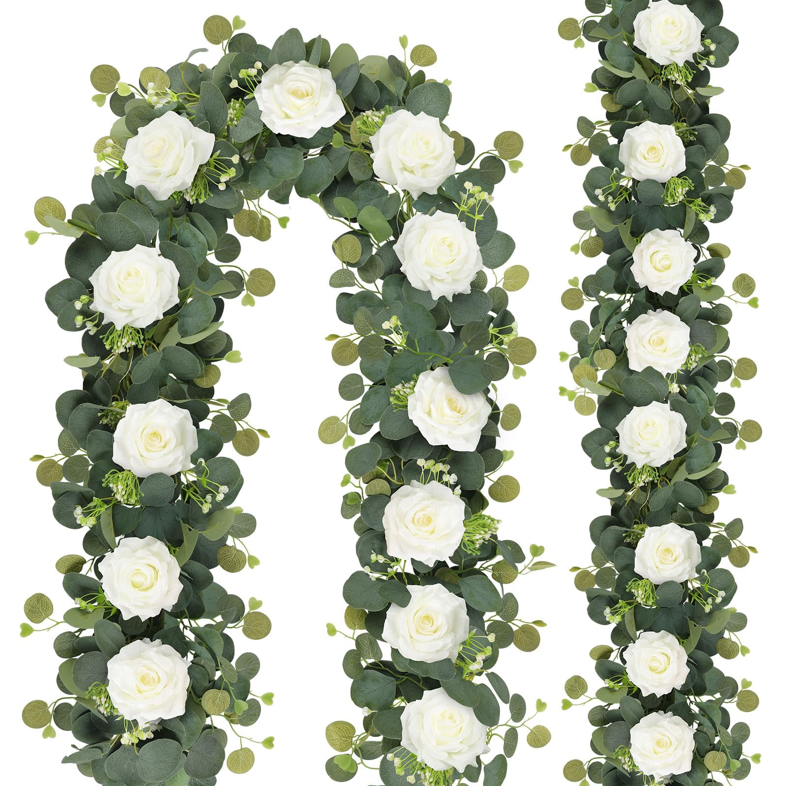 MACTING 2 Pack 13.2FT Flower Garland with 24 Roses - Spring Gypsophila ...