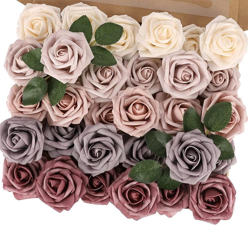 MACTING Purple Artificial Flowers 30PCS Fake Roses with Stem Real Soft ...