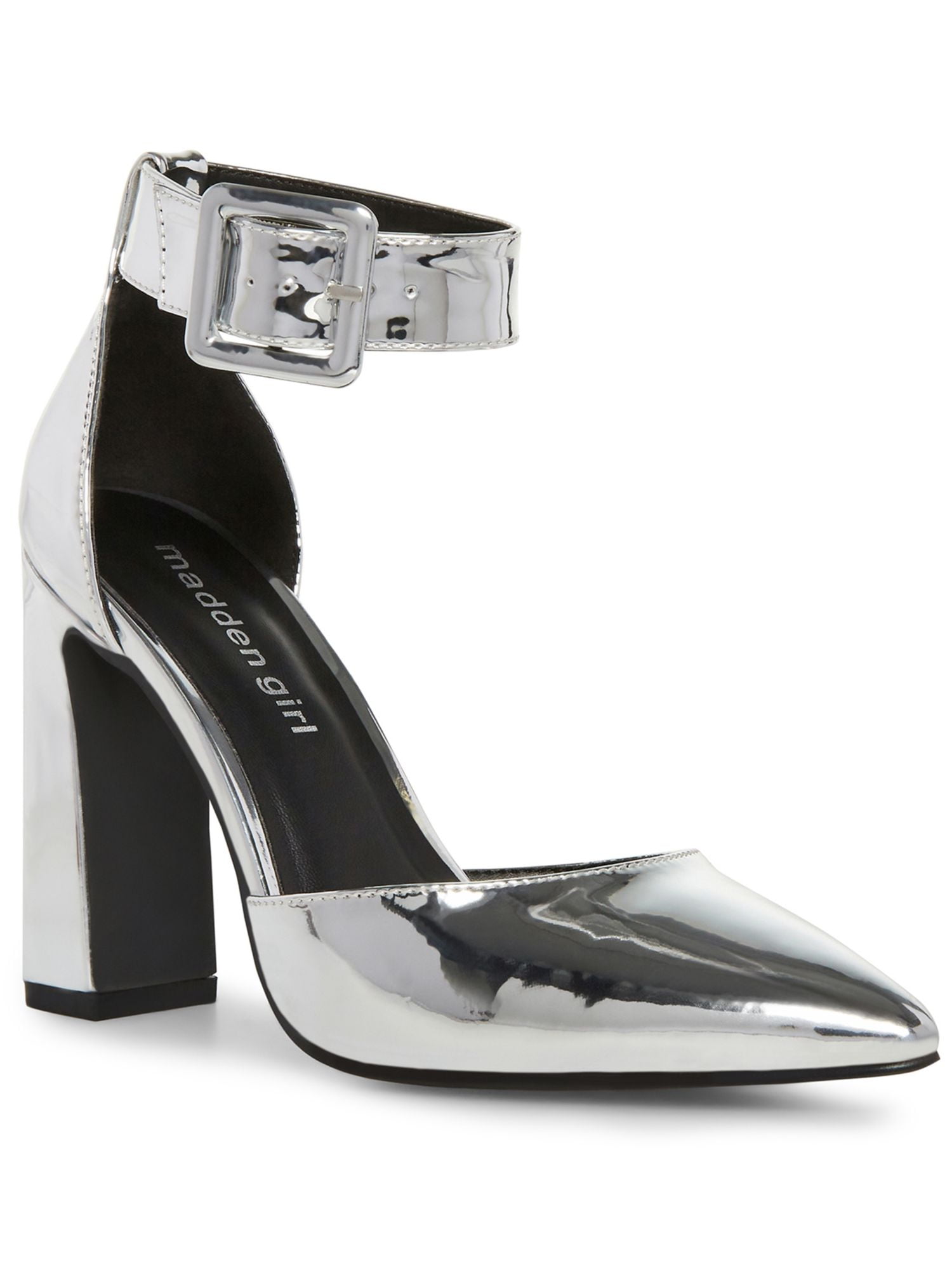 MADDEN GIRL Womens Silver Metallic Ankle Strap Padded Slay Pointed Toe ...
