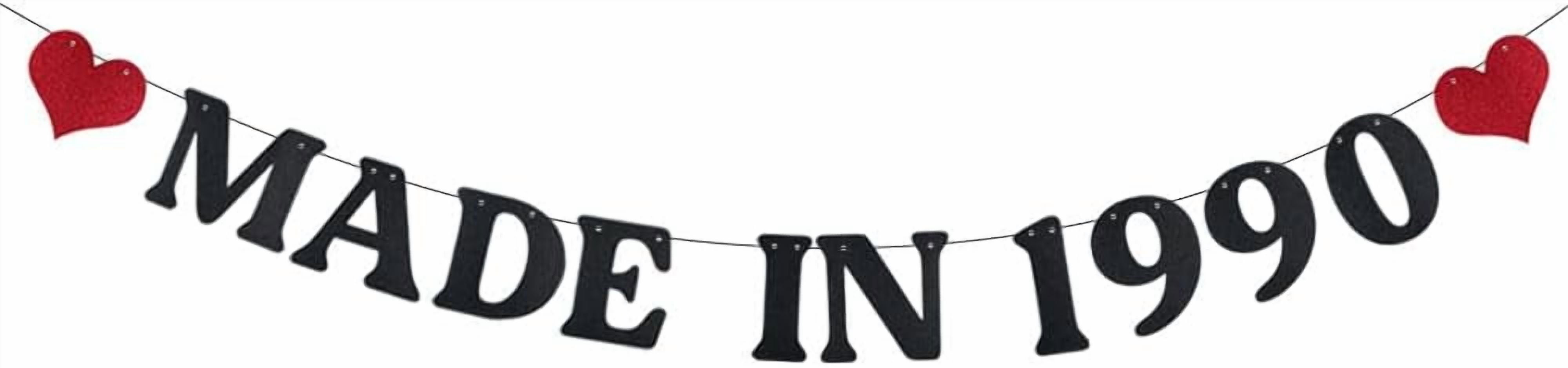 MADE IN 1990 Banner, Pre-Strung,Funny Black Glitter Paper Party ...