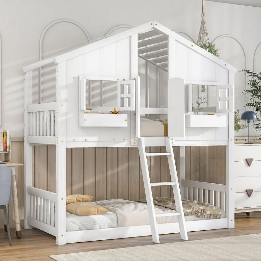 MADETEC Twin Over Twin House Bunk Bed with Trundle and Roof, Solid Wood ...