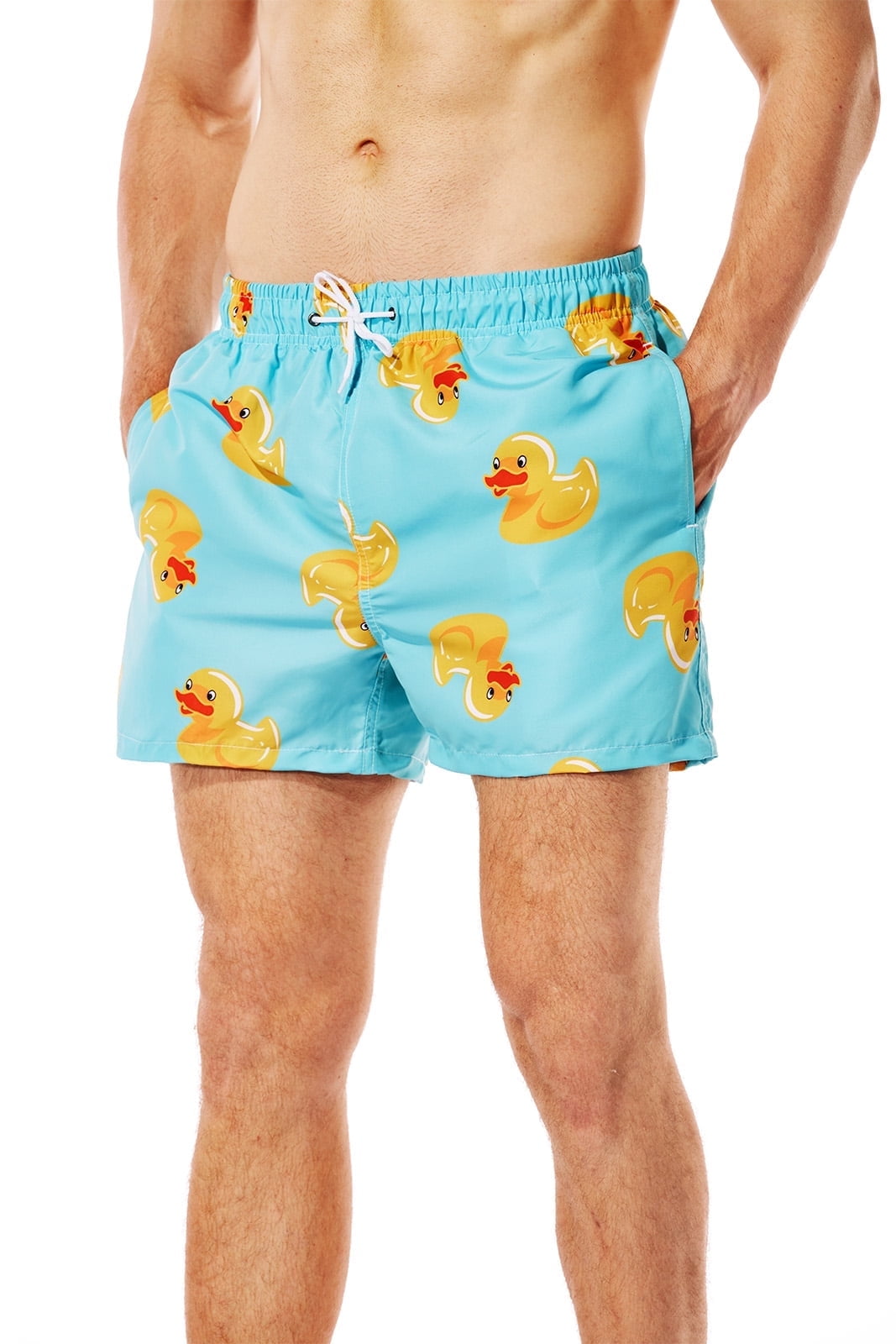 MADHERO Men's Lined Swim Trunks, Funny Little Duck Print, Blue, Size S ...
