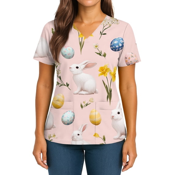 MADOFSAD Easter Printed Scrubs for Women, Cartoon Bunny Stretch Nurse ...