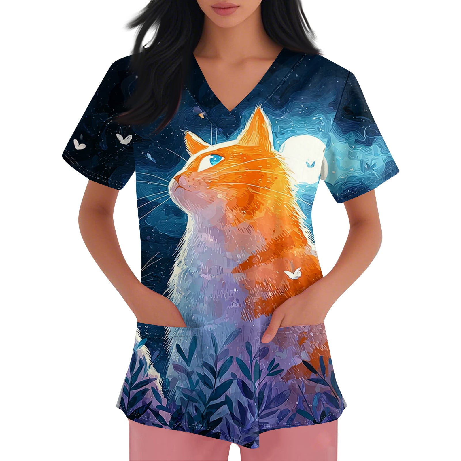 MADOFSAD Printed Scrubs for Women, Cute Cat Pattern V-Neck Nurse Tops ...