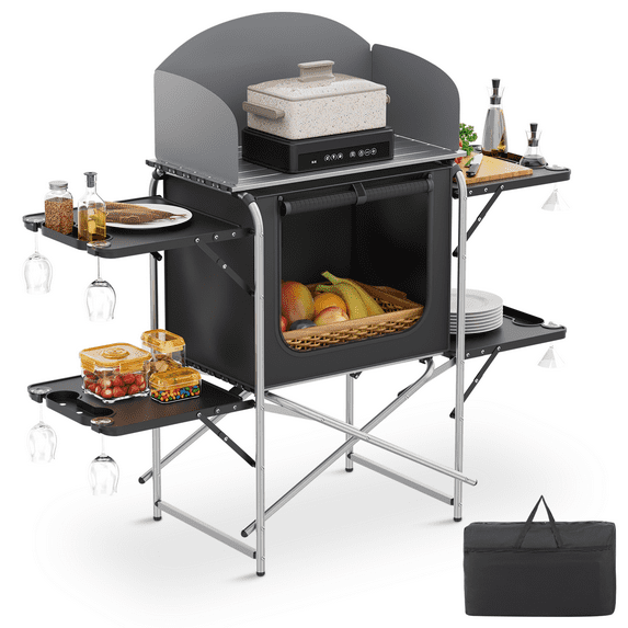 MADOG Folding Portable Cook Table with Storage Organizer & Windscreen ...