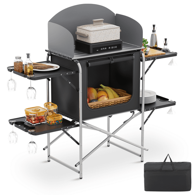 MADOG Folding Portable Cook Table with Storage Organizer & Windscreen ...