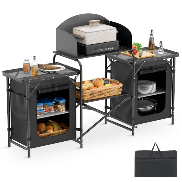MADOG Folding Portable Cook Table with Storage Organizer & Windscreen ...