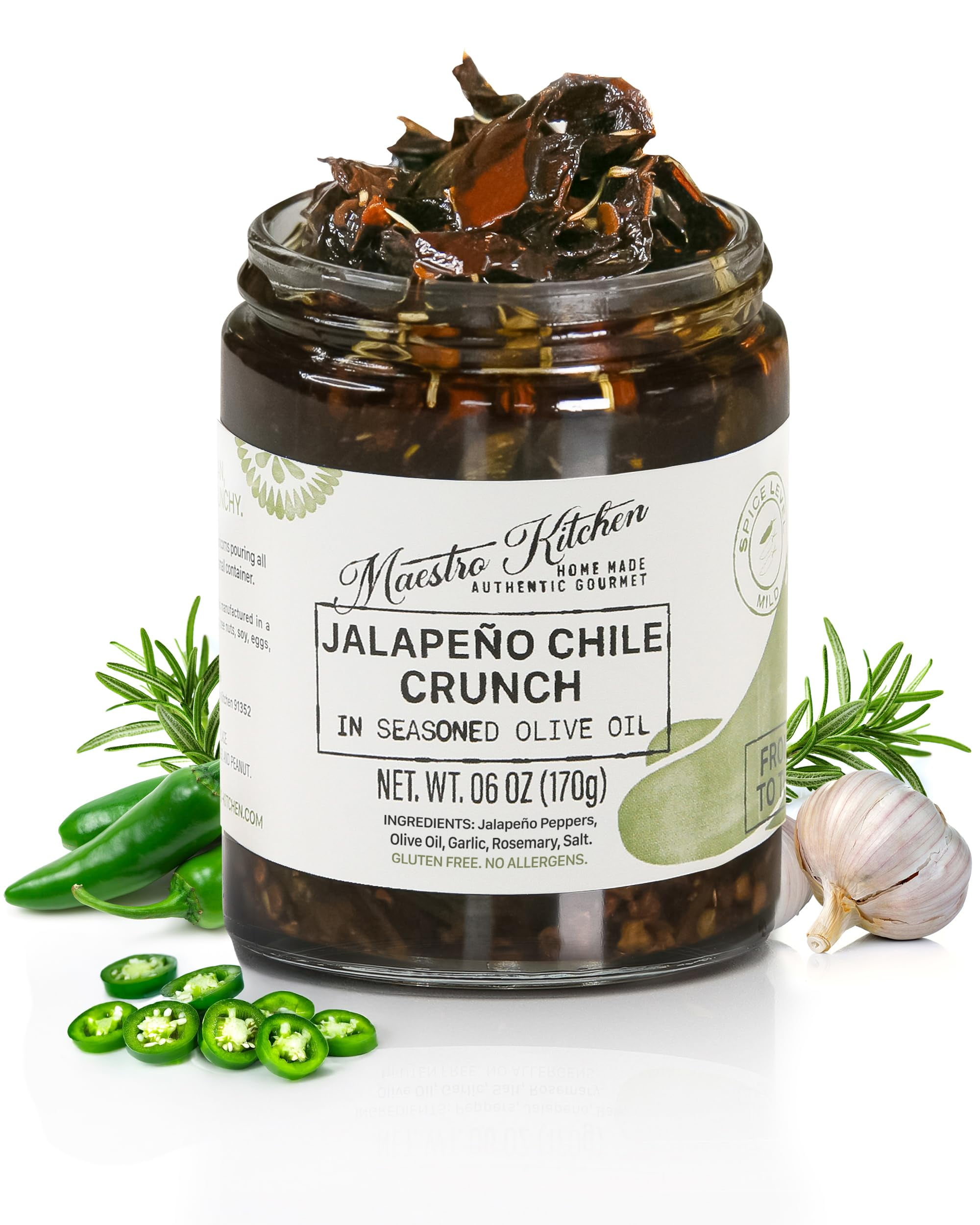 MAESTRO KITCHEN Mild Jalapeno OIF8 Pepper Chile Crunch in Olive Oil, Garlic & Rosemary, Thai ...