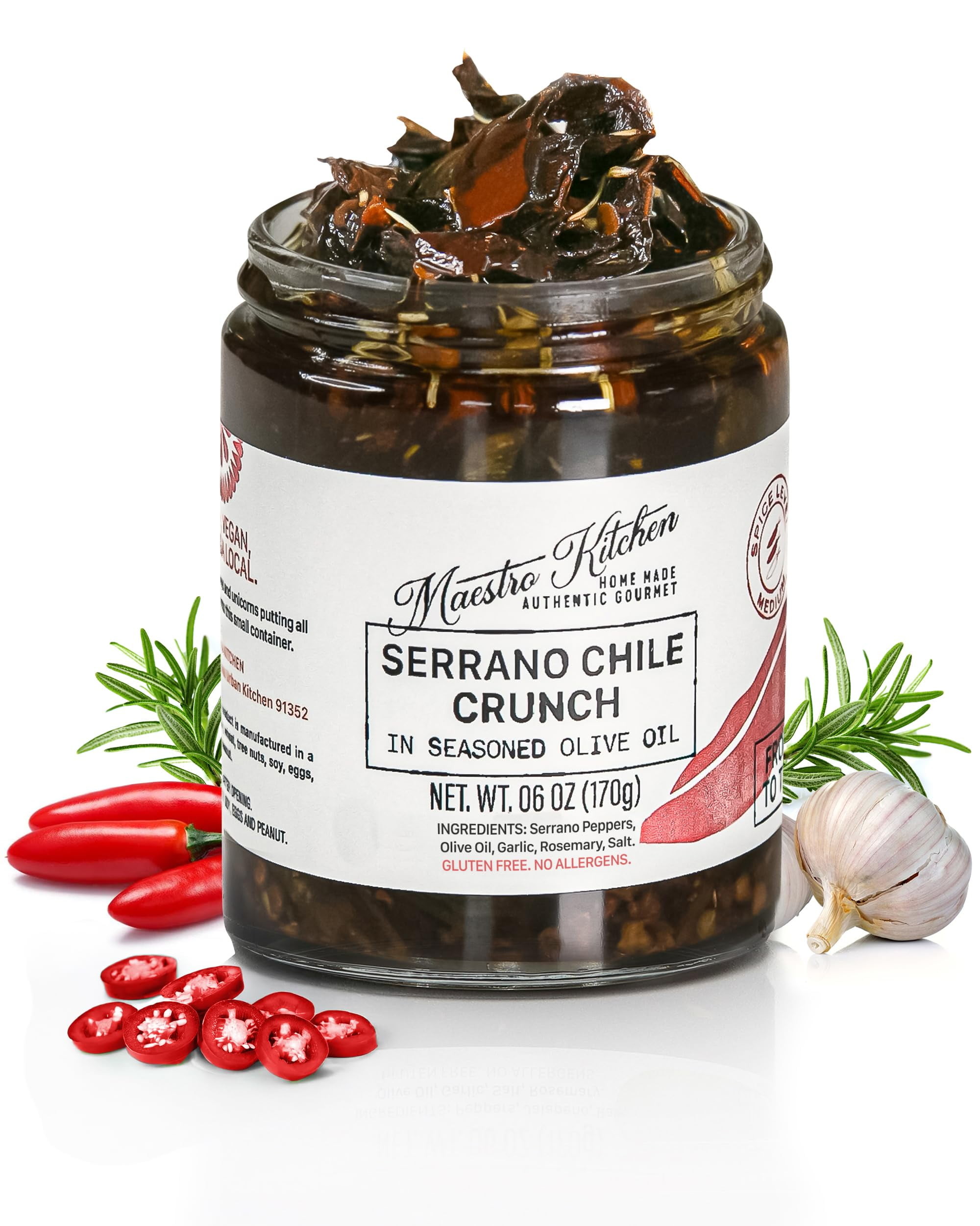 MAESTRO KITCHEN Serrano Pepper DMF15 Chile Crunch in Olive Oil, Garlic ...