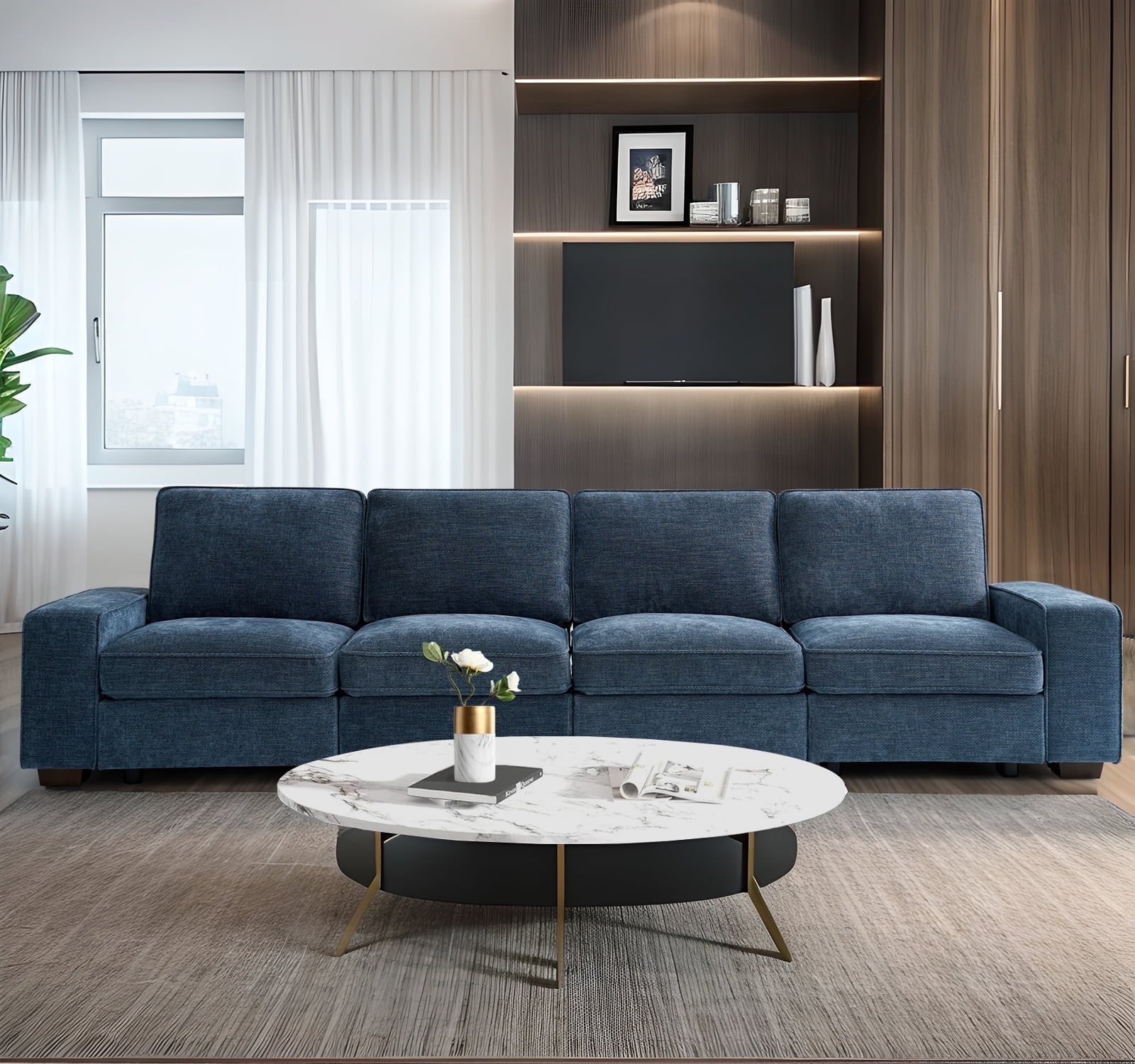 MAEVIS 128" Modern 4 Seater Sofa, Modular Sectional, Solid Wood, Cotton ...