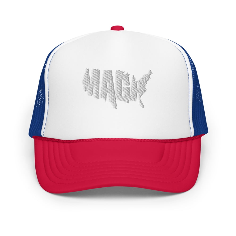 MAGA USA Map Embroidered Foam Trucker Hat White (White / Royal / Red ...