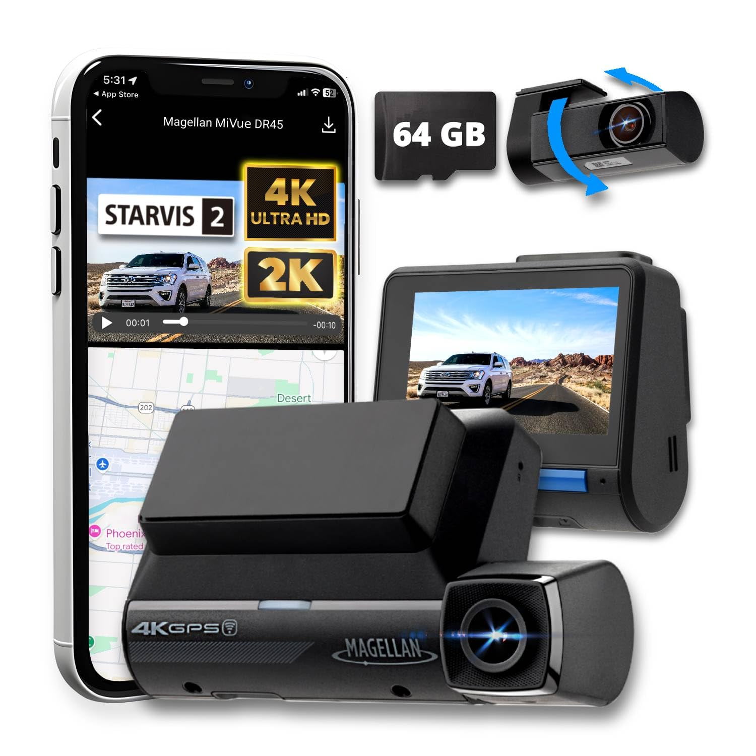 MAGELLAN DR45 Dash Cam Front and Rear, True 4K + 2K UHD Car Camera with ...
