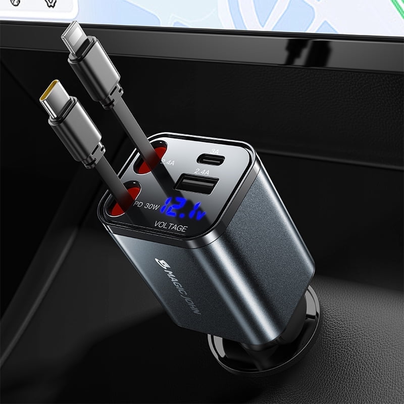 MAGIC JOHN Retractable Car Charger 70W USB C Car Cigarette Lighter ...