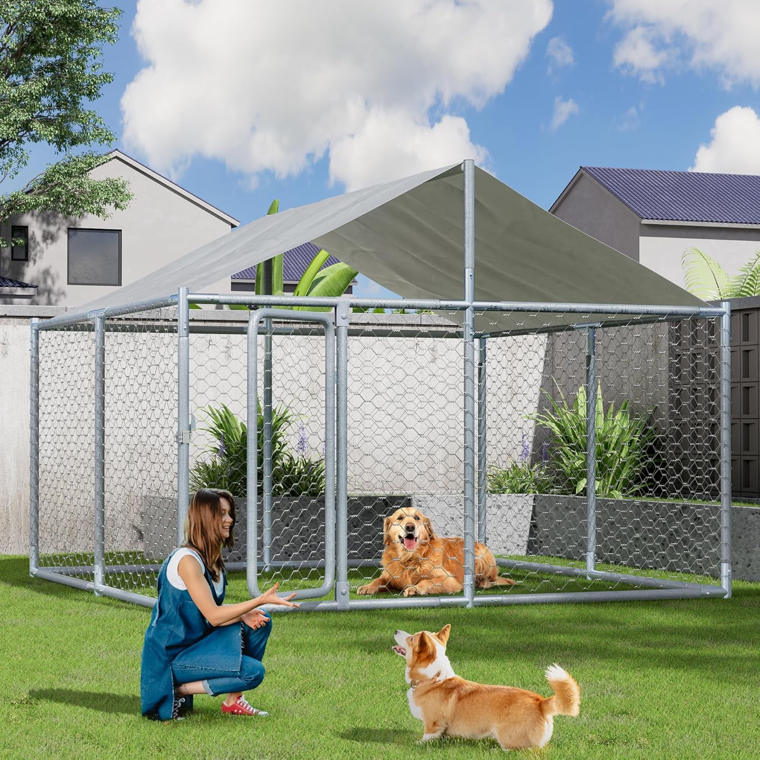 MAGIC UNION Large Dog Kennel Outdoor Heavy Duty Dog Cage, Anti-Rust ...