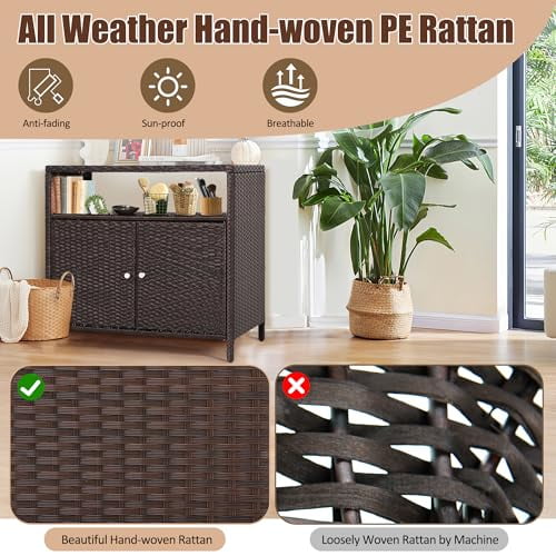 MAGIC UNION Outdoor Rattan Storage Cabinet, Patio Bar Table with 2-Door ...