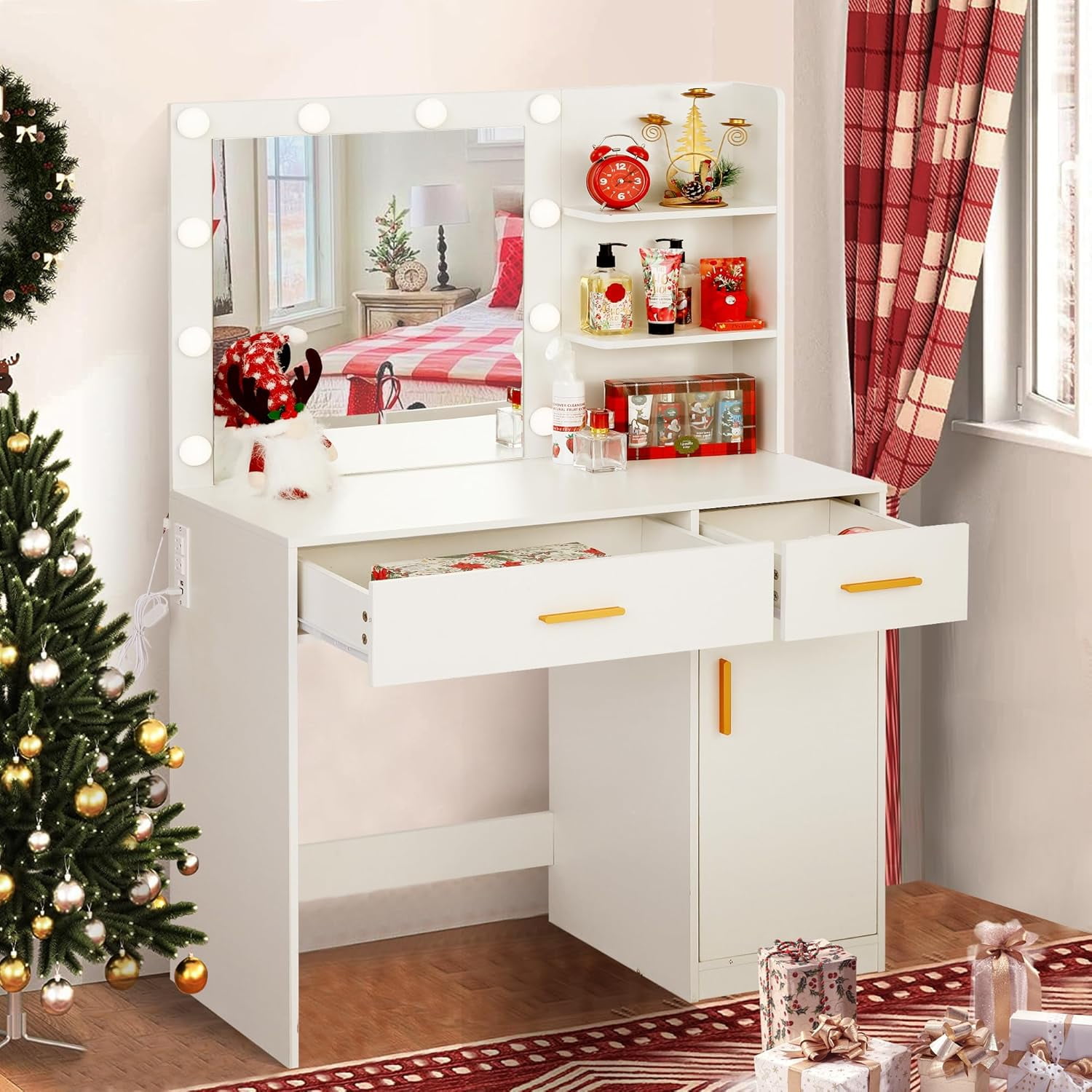 MAGIC UNION Vanity Desk with LED Lighted Mirror and Power Outlet,3 ...