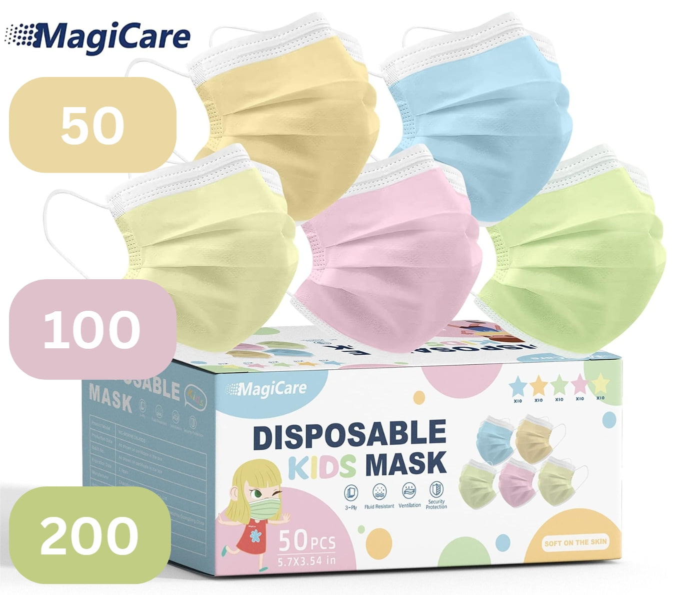 Magicare Colorful Kids Masks Disposable, 3-Ply, Ages 4-12, Soft ...