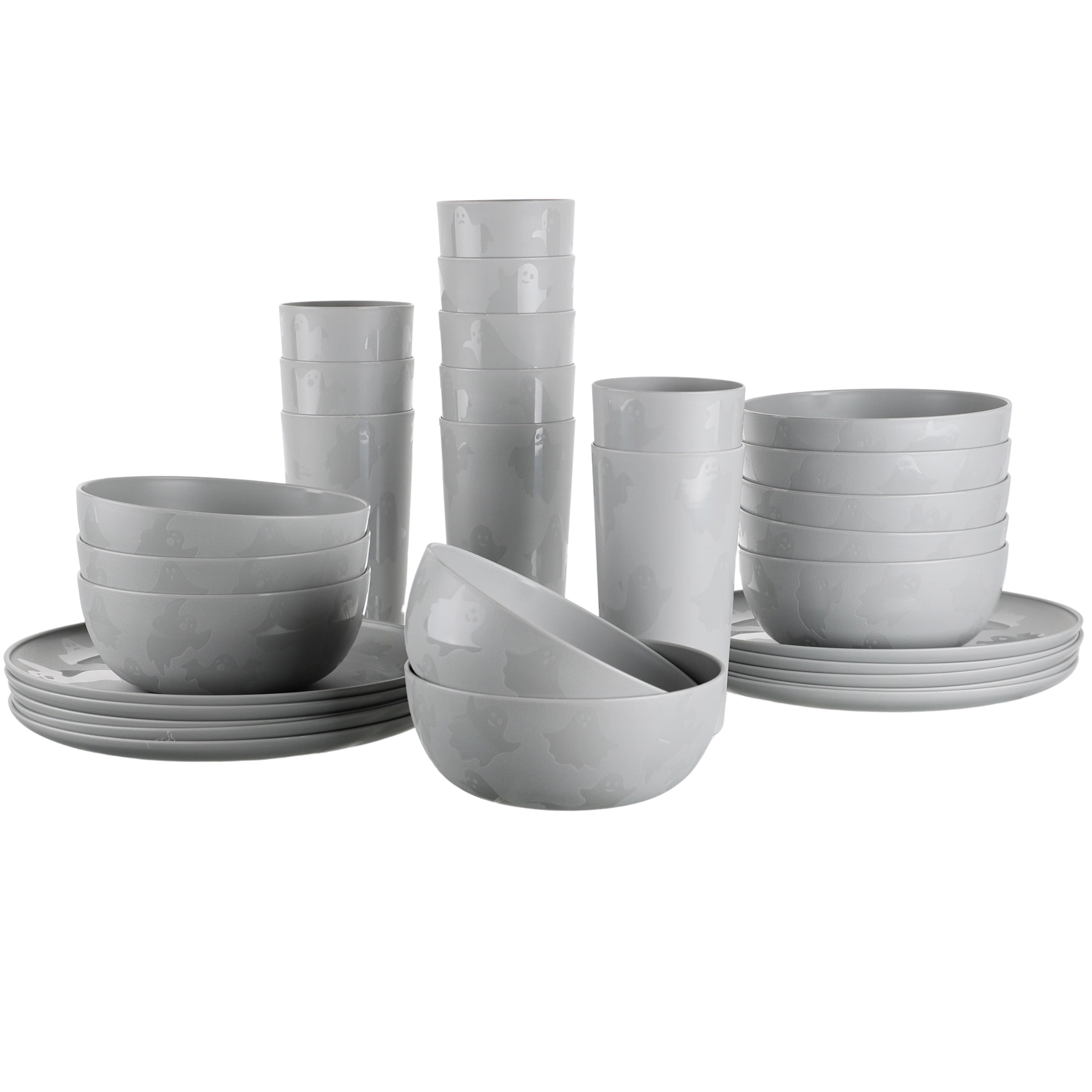 Mainstays 30-Piece Plastic Etched Ghost Dinnerware Set, Grey - Walmart.com