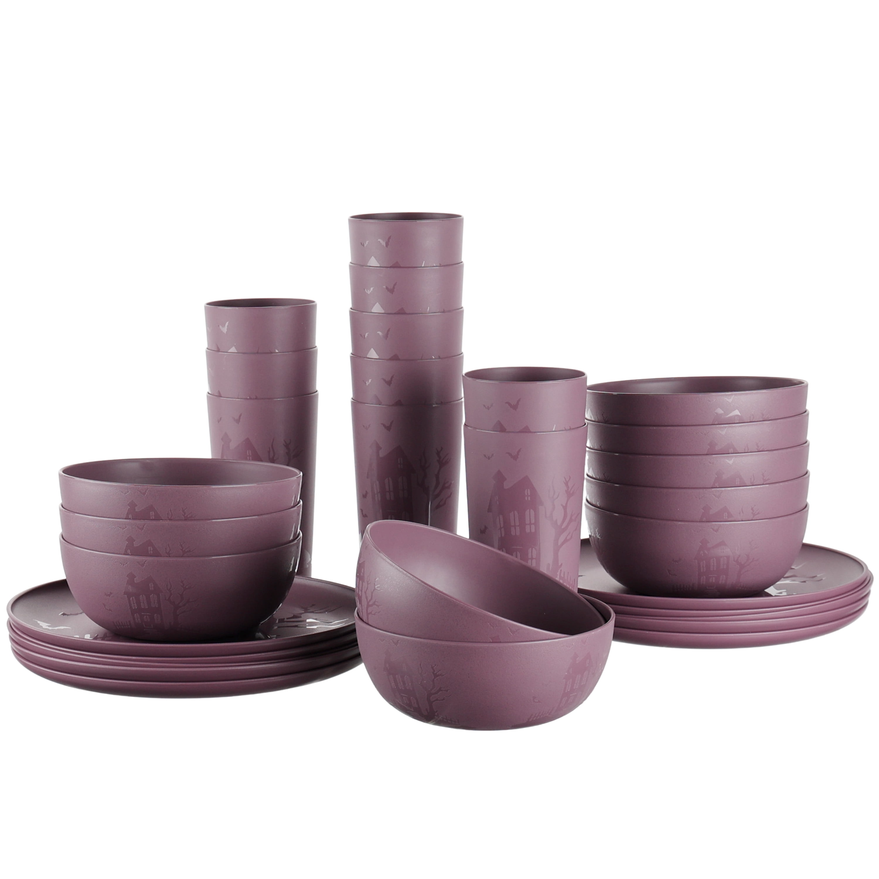 Mainstays 30-Piece Plastic Etched Haunted House Dinnerware Set, Purple ...