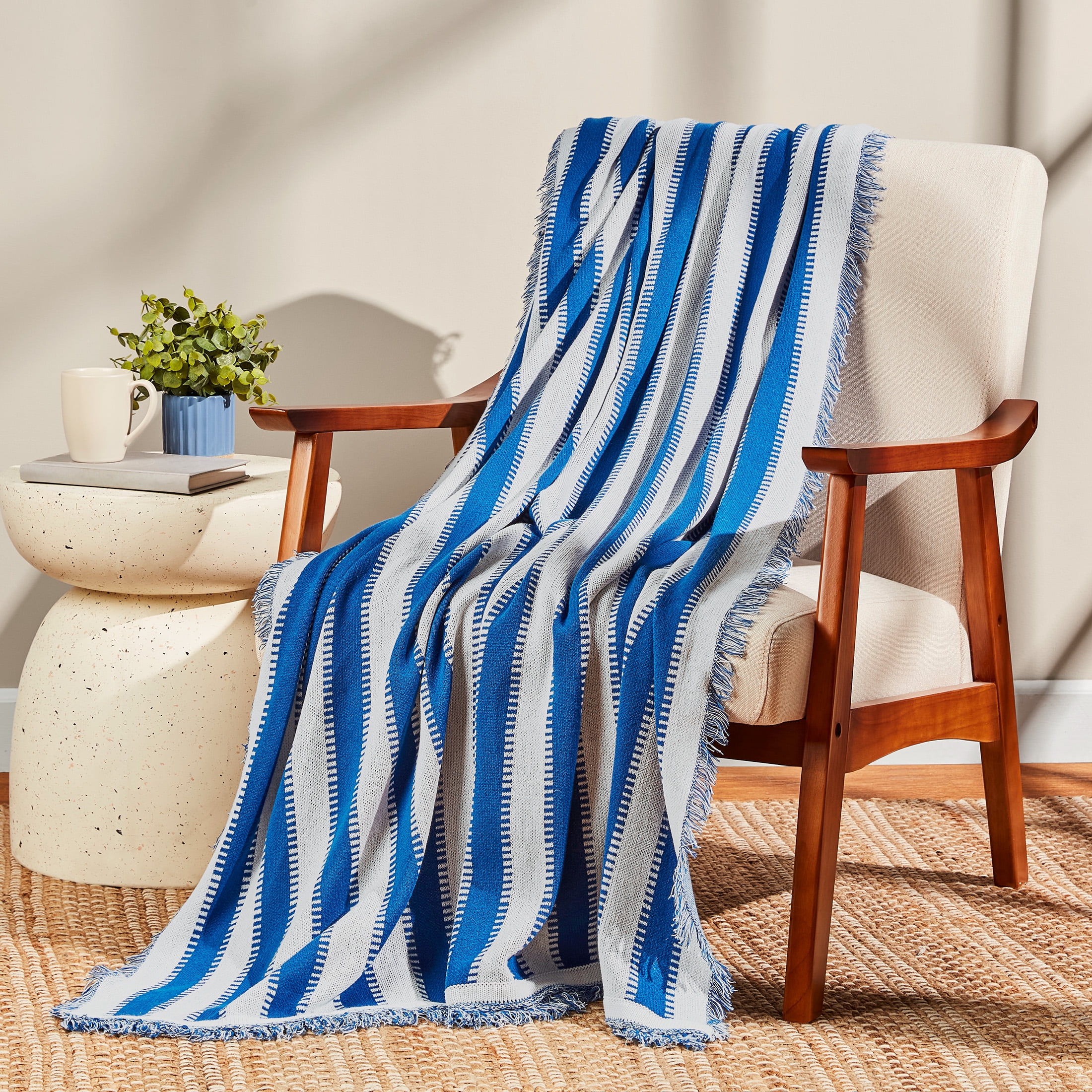 Mainstays by Becky G. & Alejandra Tapestry Knit Throw, Blue Stripe, 50 ...
