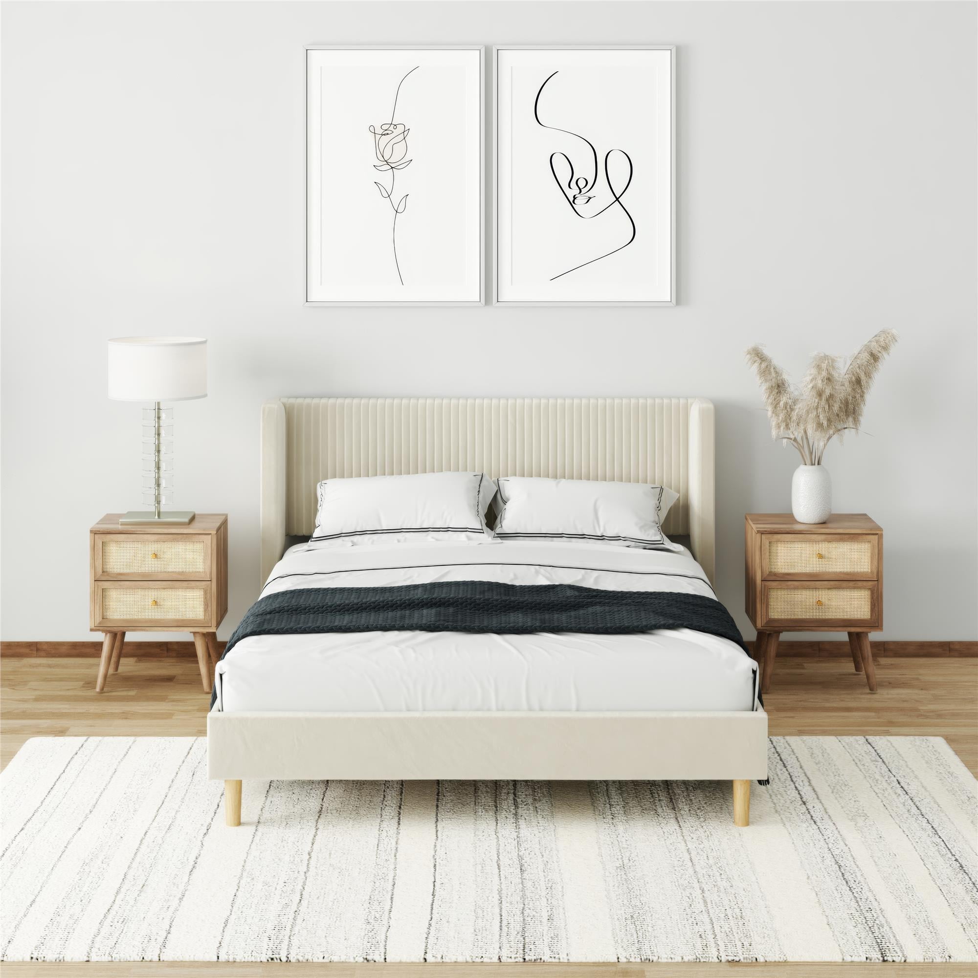 Mainstays Kelsey Upholstered Wingback Platform Bed, Queen, Cream Velvet ...