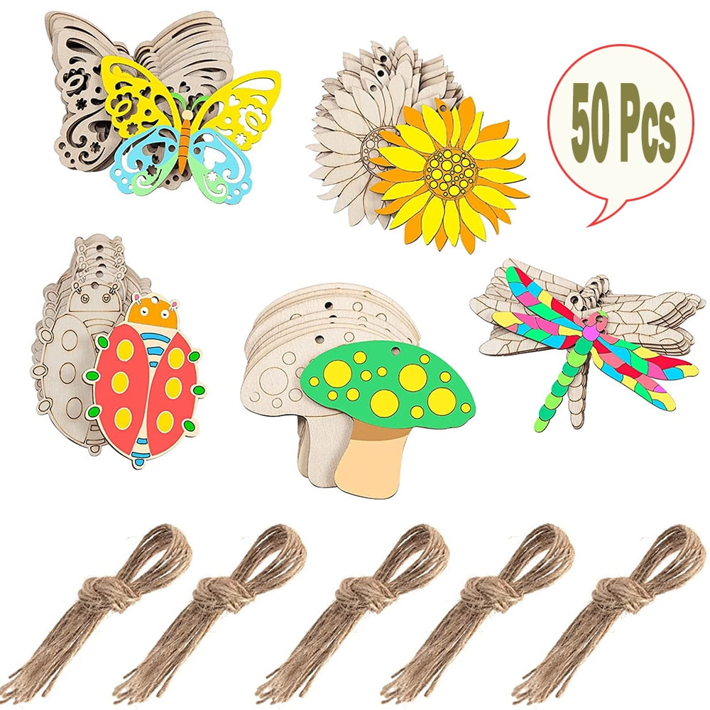 MAINYU 50 Pcs Unfinished Spring Wooden Cutouts, 5 Styles Butterfly Bee ...