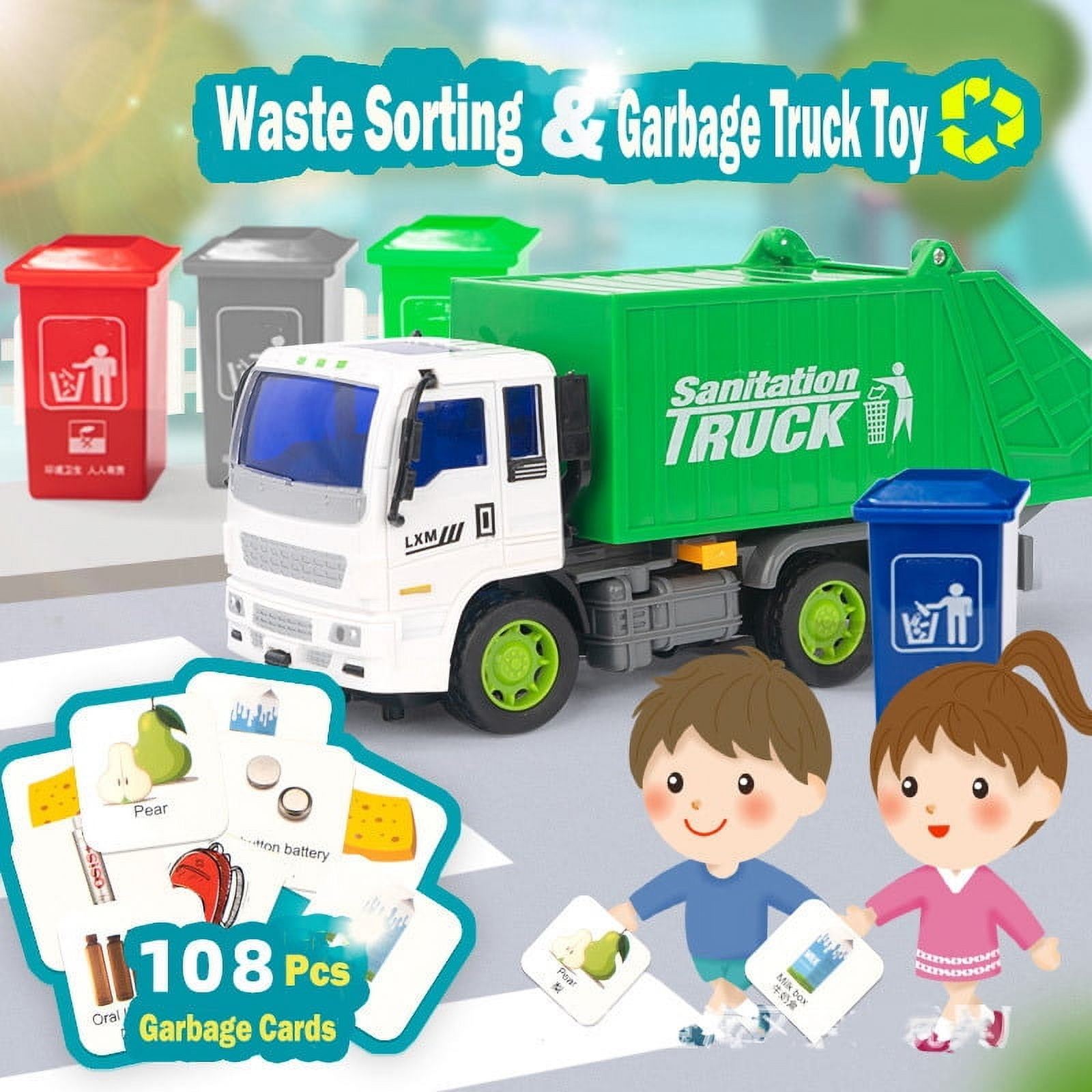 MAINYU Garbage Truck Toys Trash Truck Recycle Truck with 4 Garbage Cans ...