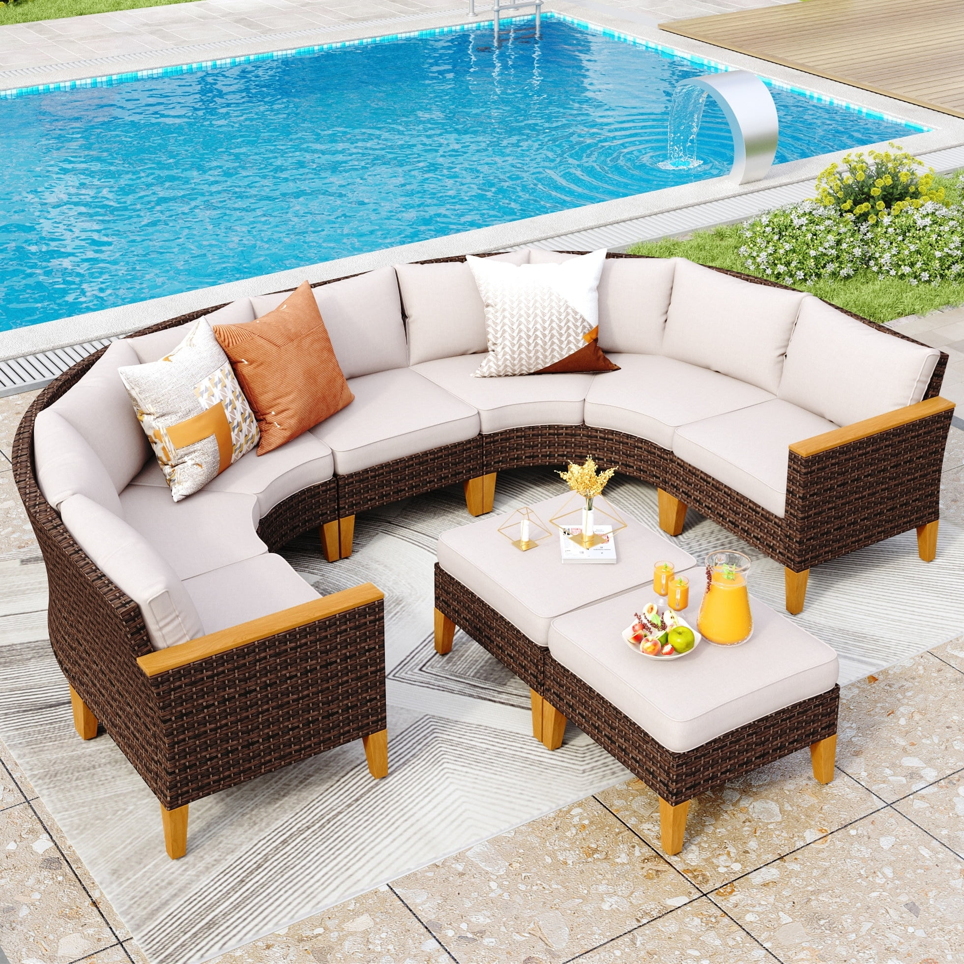 MAISON ARTS 11-Piece Outdoor Wicker Half-Round Furniture Set, Half-Moon ...
