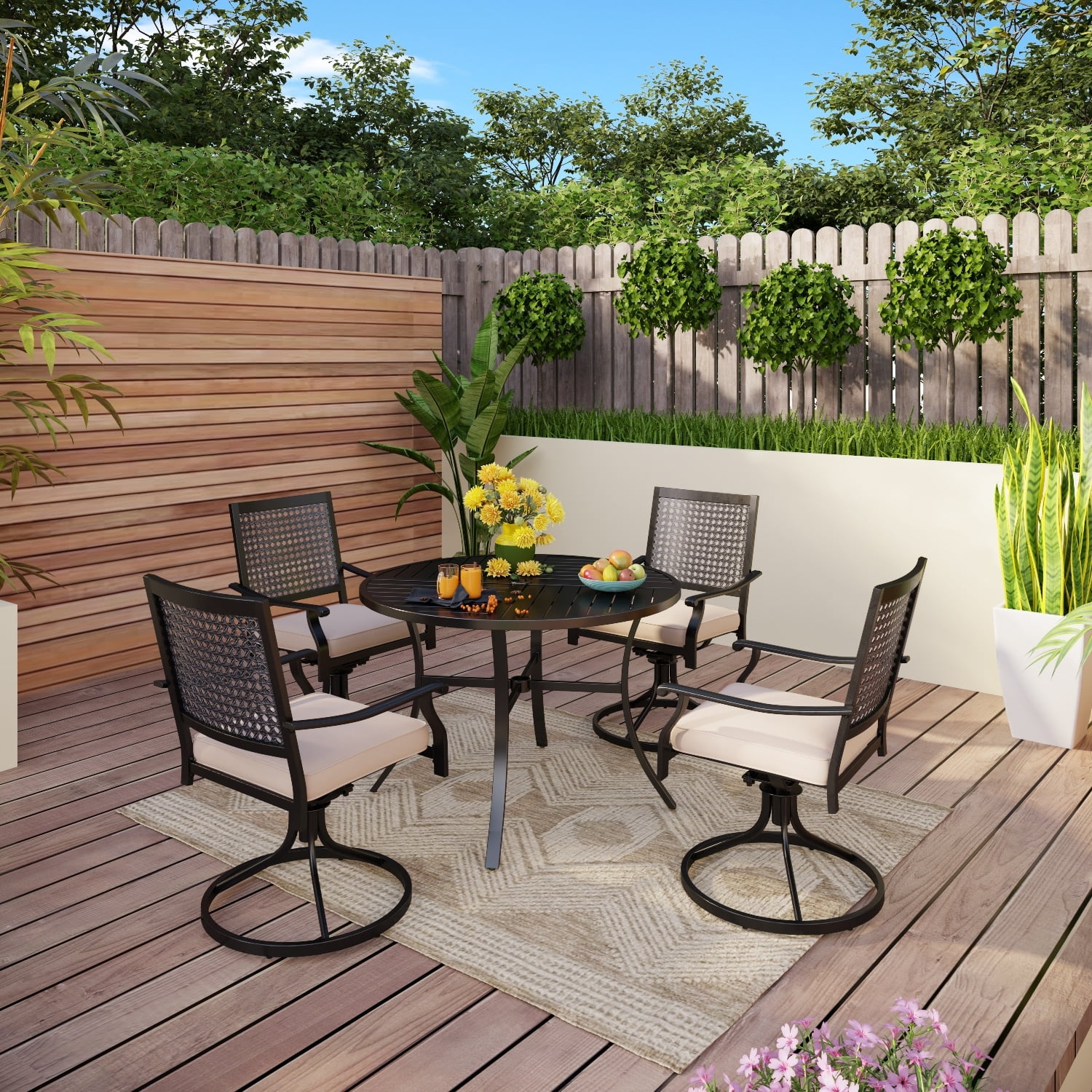 MAISON ARTS 5-Piece Metal E-coating Patio Dining Set of 4 Swivel Chairs ...