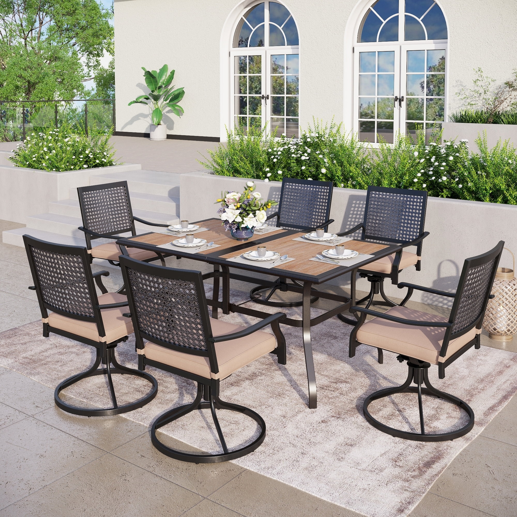 MAISON ARTS 7-Piece E-coating Metal Patio Dining Set of 6 Swivle Chairs ...